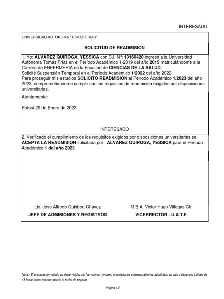 Solicitud de Readmision: Universidad Autonoma "Tomas Frias" | PDF