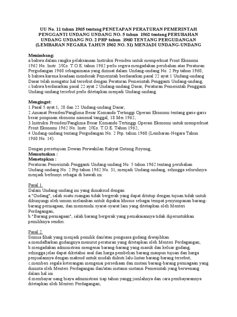 UU No.11 THN 1965 TTG Penetapan Perpu No. 5 THN 1962 Tentang | PDF