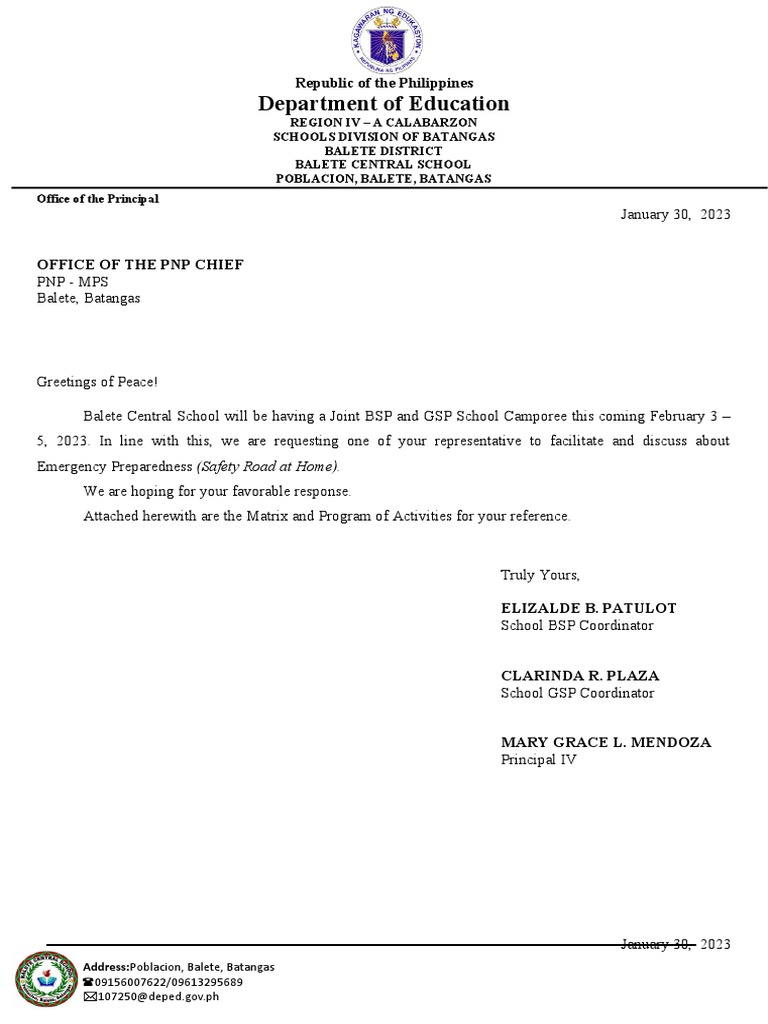 Camping Request Letter | PDF | Government | Philippines