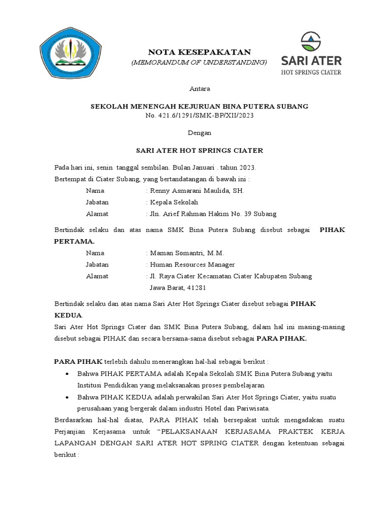 Format Mou Ojt-Pkl Sari Ater | PDF