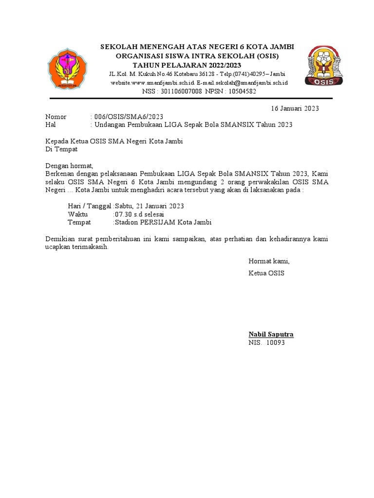 Surat Undangan LIGA BOLA SMANSIX Tahun 2023 | PDF