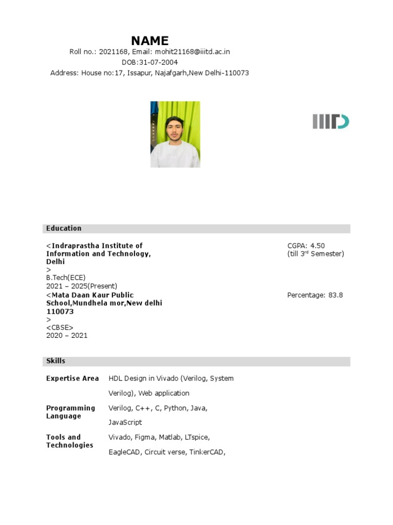 IIIT Delhi B.Tech Resume Template | PDF | Computers