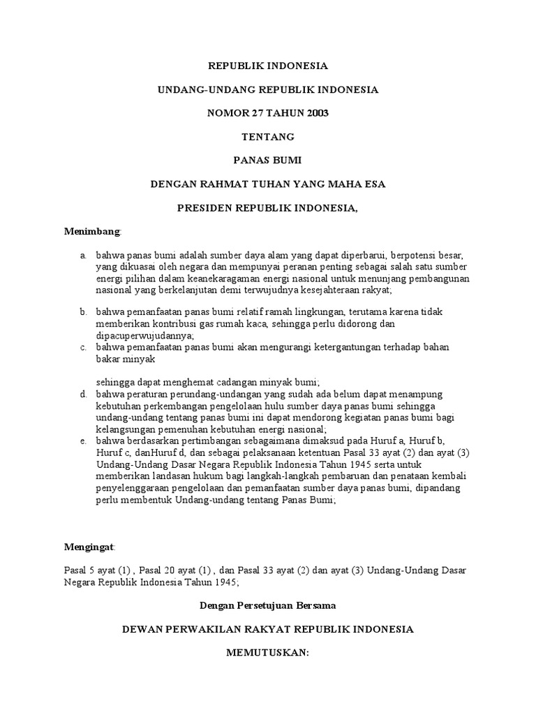 UU No.27 Tahun 2003 TTG Panas Bumi | PDF