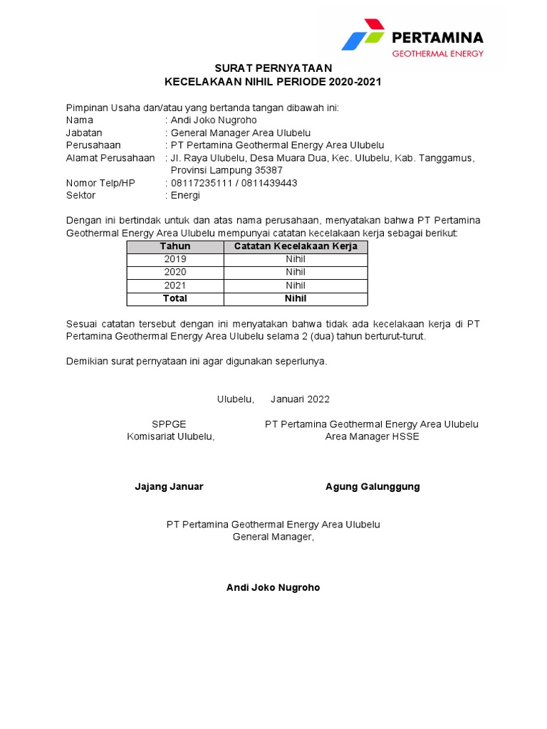 Surat Pernyataan Nihil Kecelakaan Kerja - Disnaker | PDF