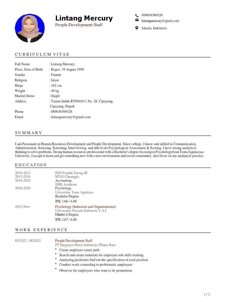 CV - Lintang Mercury | PDF | Psychology | Cognitive Science