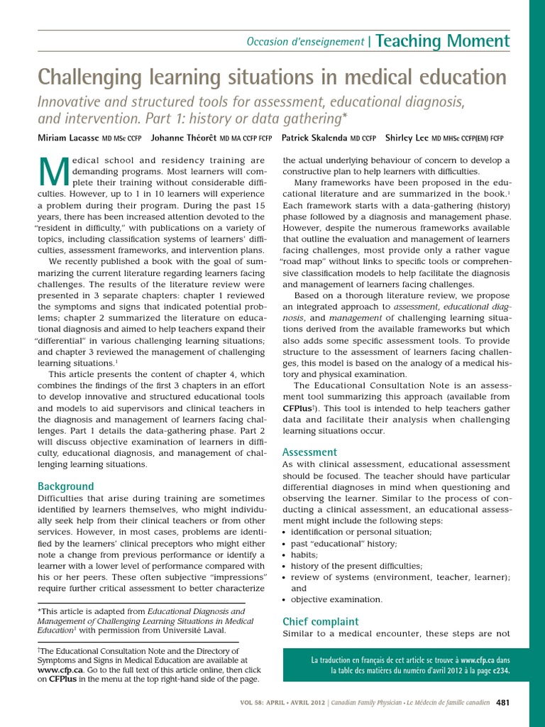 Challenging Learning Situations in Medical Education: Teaching Moment ...