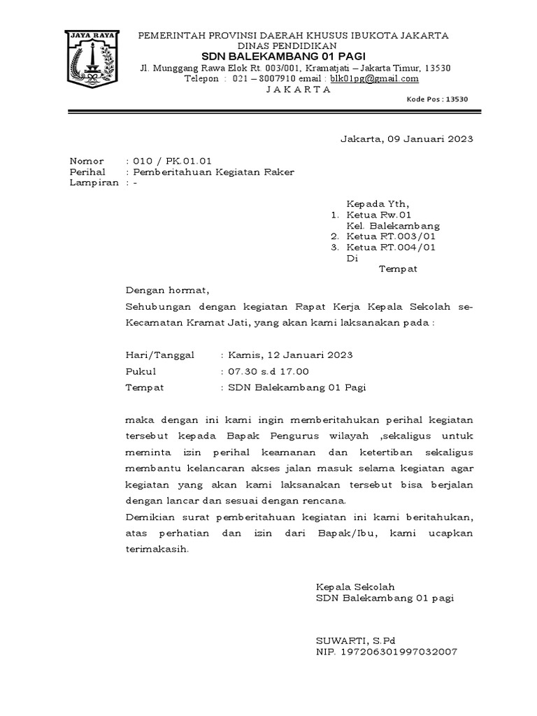 010 PK 01 01 Surat Pemberitahuan Kegiatan Raker Ke Lingkungan RT | PDF