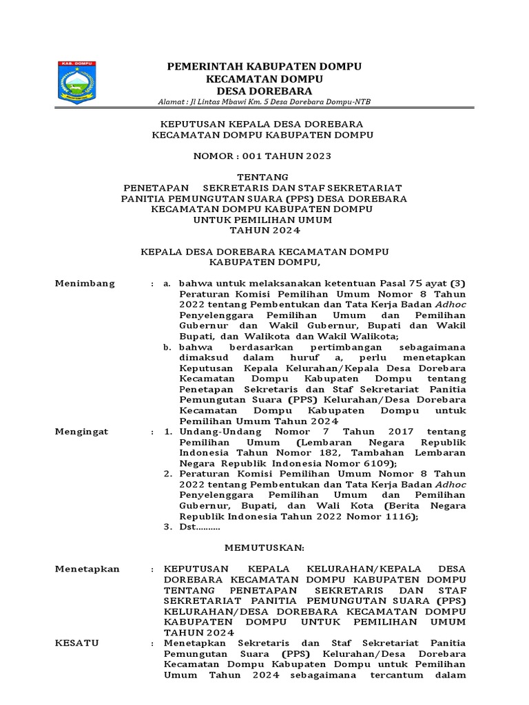 SK Sekretariat Pps Pada Pemilu 2024 | PDF