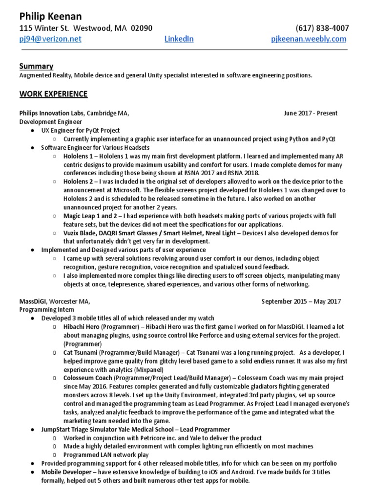 Resume 2023 | Download Free PDF | Augmented Reality | Unity (Game Engine)