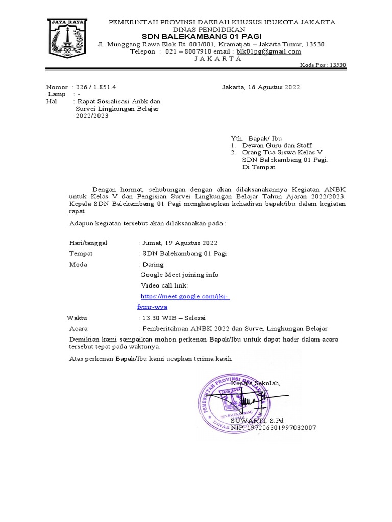 4-6 Surat Undangan Rapat ANBK Orang Tua Siswa Kelas V Daring | PDF