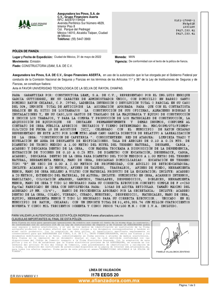 01 - Fianza de Anticipo | PDF | Póliza de seguros | Pagos