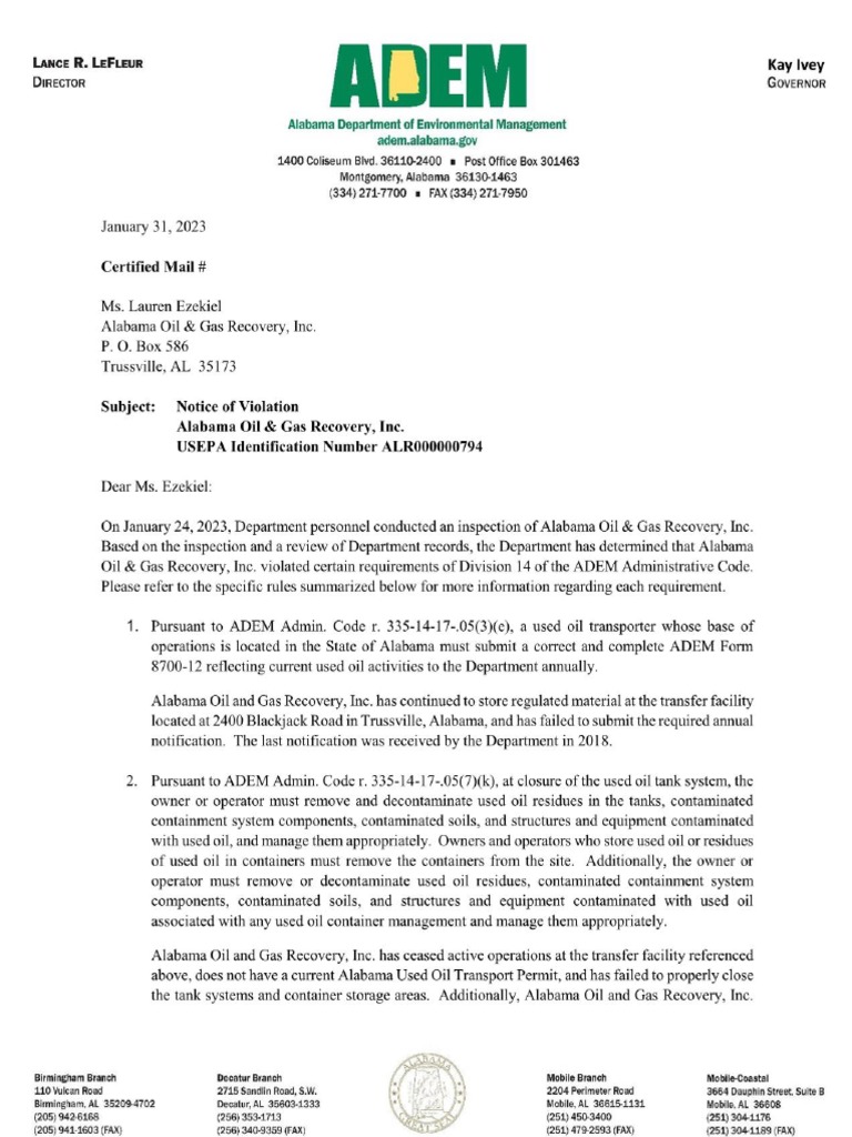 ADEM Notice of Violation AL Oil and Gas Recovery | PDF