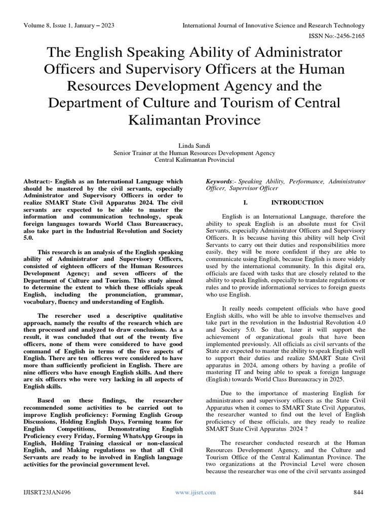 The English Speaking Ability of Administrator Officers and Supervisory ...