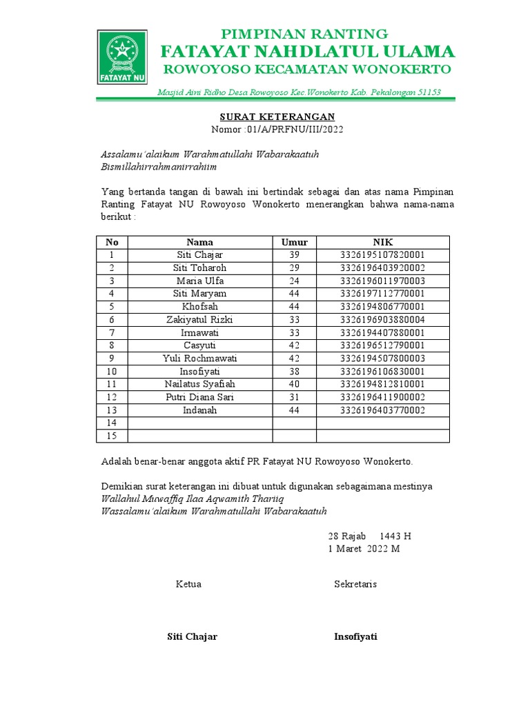 CONTOH SURAT KETERANGAN Lomba Hadroh | PDF