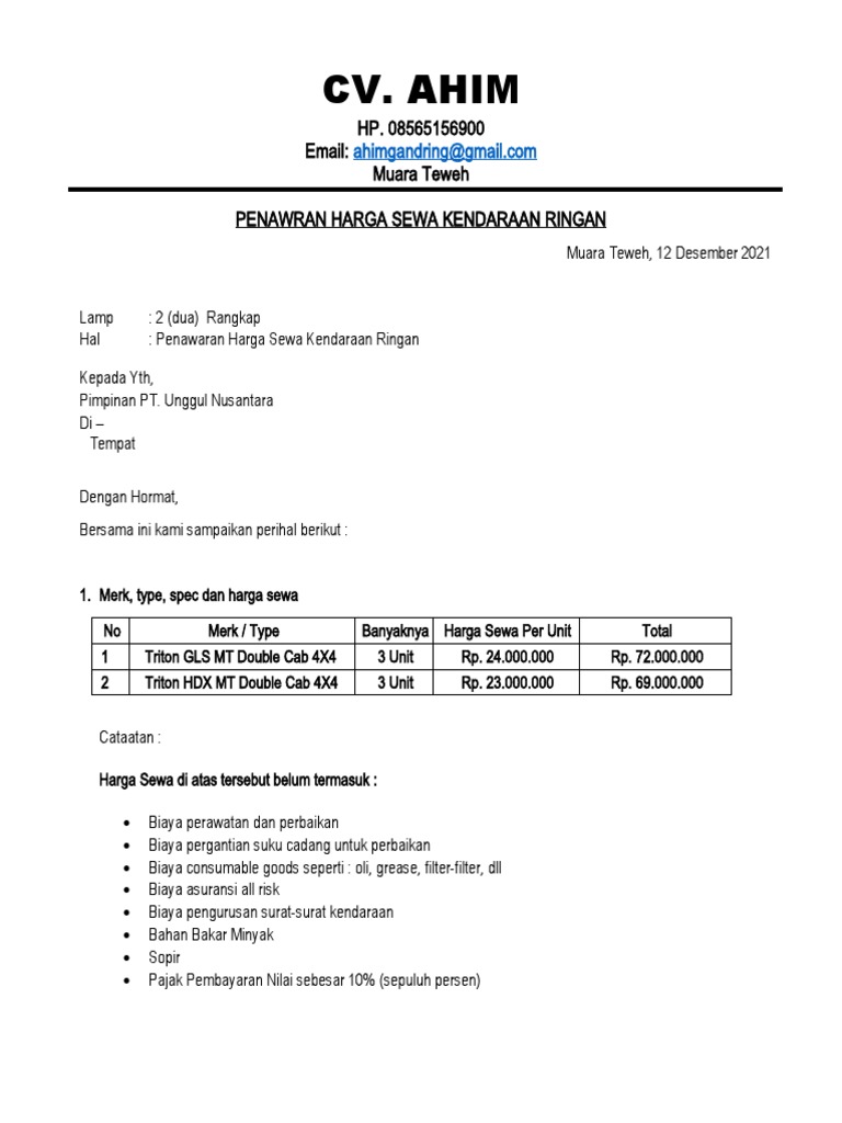 Penawaran Sewa Kendaraan Ringan Cv. Ahim | PDF