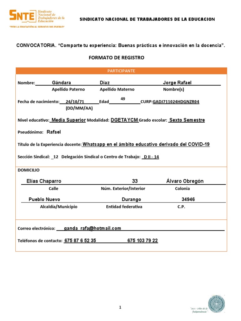 Anexo 1 Registro De Experiencias Docentes Pdf