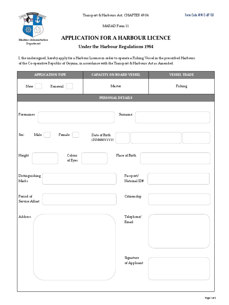MARAD Form11 Application For A Harbour Licence | PDF | Government ...