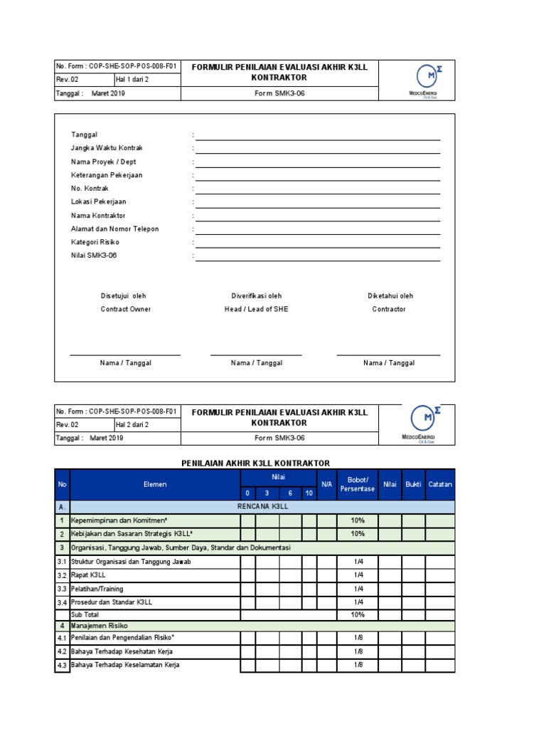 Form Penilaian K3LL Kontraktor | PDF