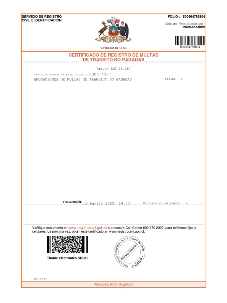 Certificado de Registro de Multas de Transito No Pagadas | PDF