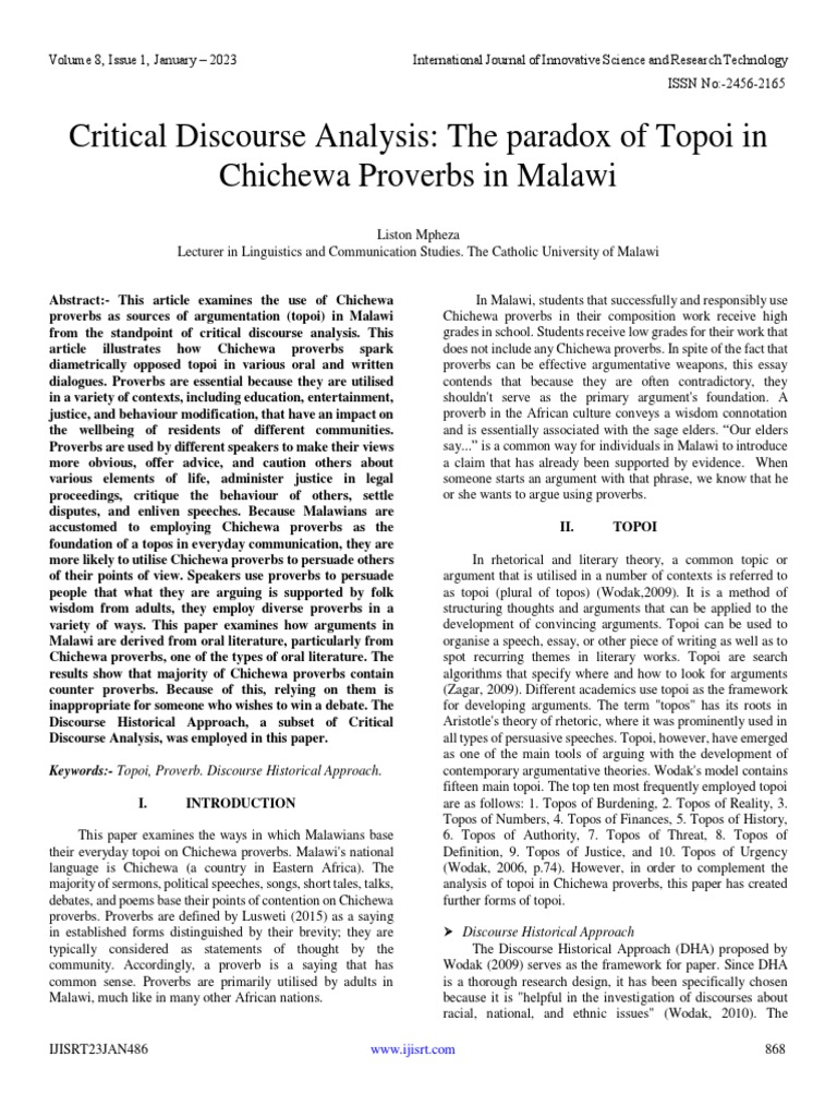 Critical Discourse Analysis The Paradox of Topoi in Chichewa Proverbs ...