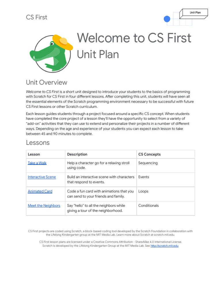 Welcome To CS First Unit Plan | PDF | Scratch (Programming Language) | Lesson Plan