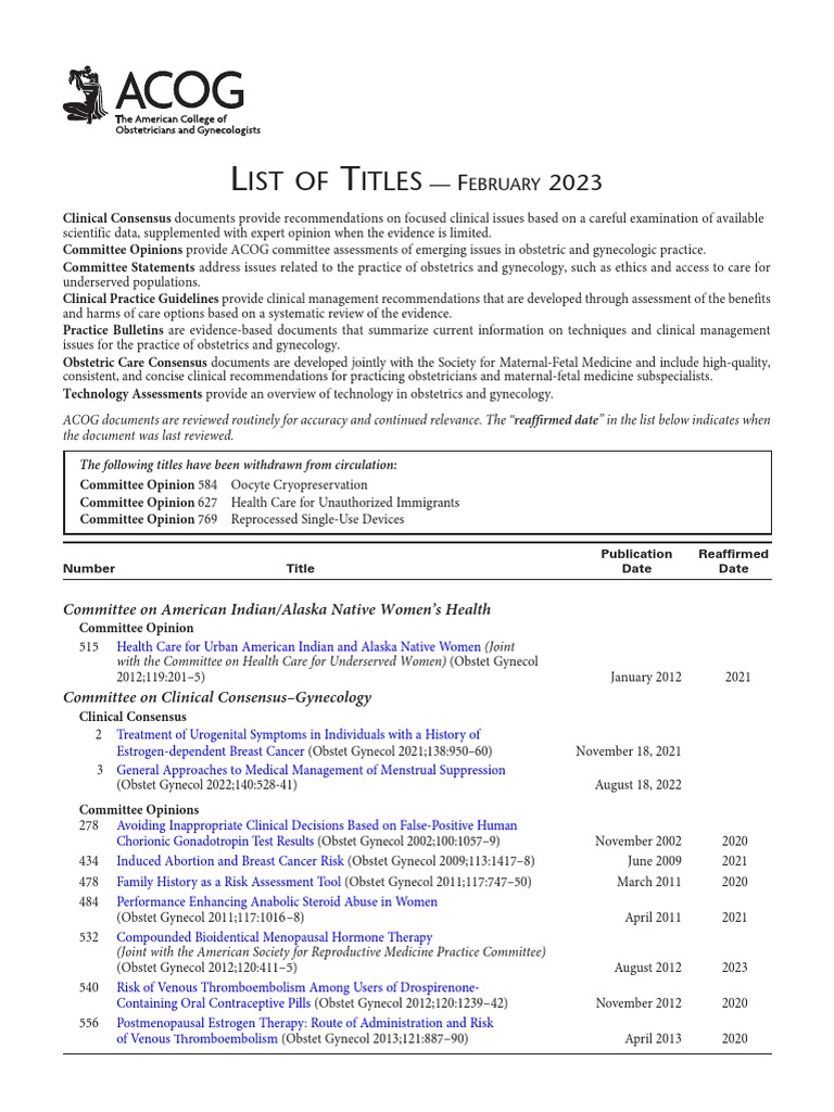ACOG Combined List of Titles | PDF | Hormone Replacement Therapy ...