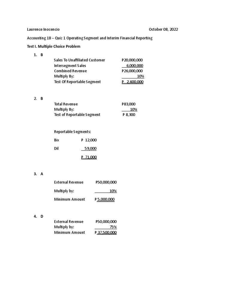 Quiz 1 Operating Segment and Interim Financial Reporting Oct 8 2022 | PDF | Payments | Taxes