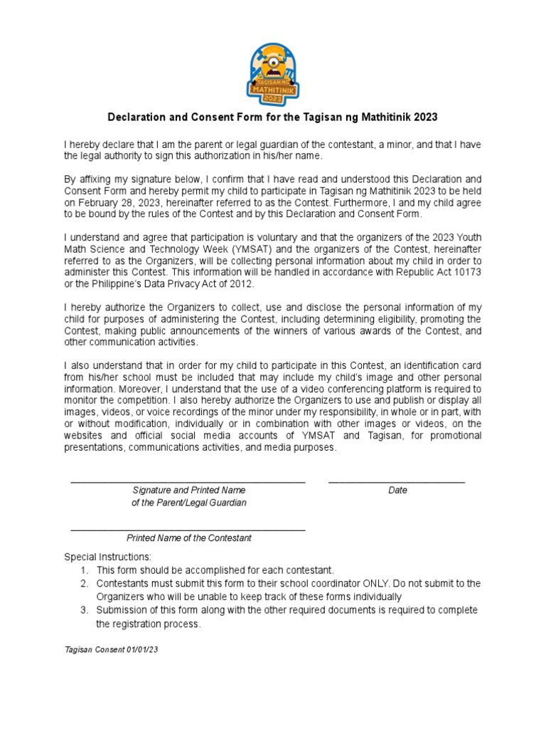 Tagisan ng Mathitinik 2023 Declaration and Consent Form | PDF | Consent ...