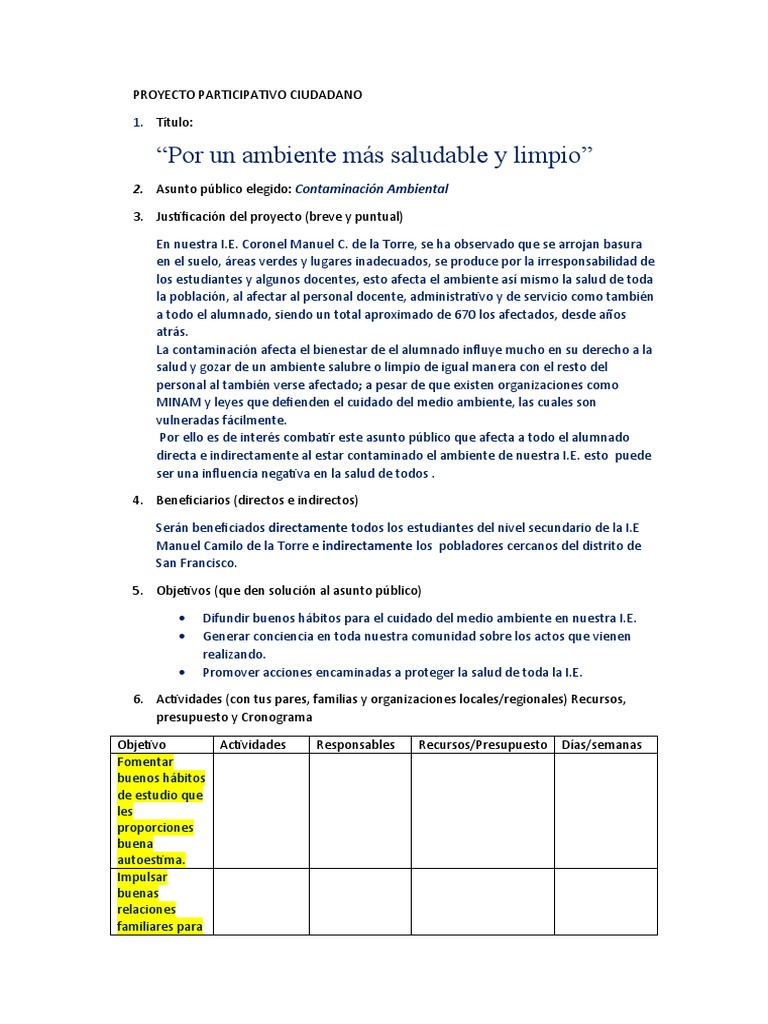 Proyecto Participativo Ciudadano La Contaminacion | PDF
