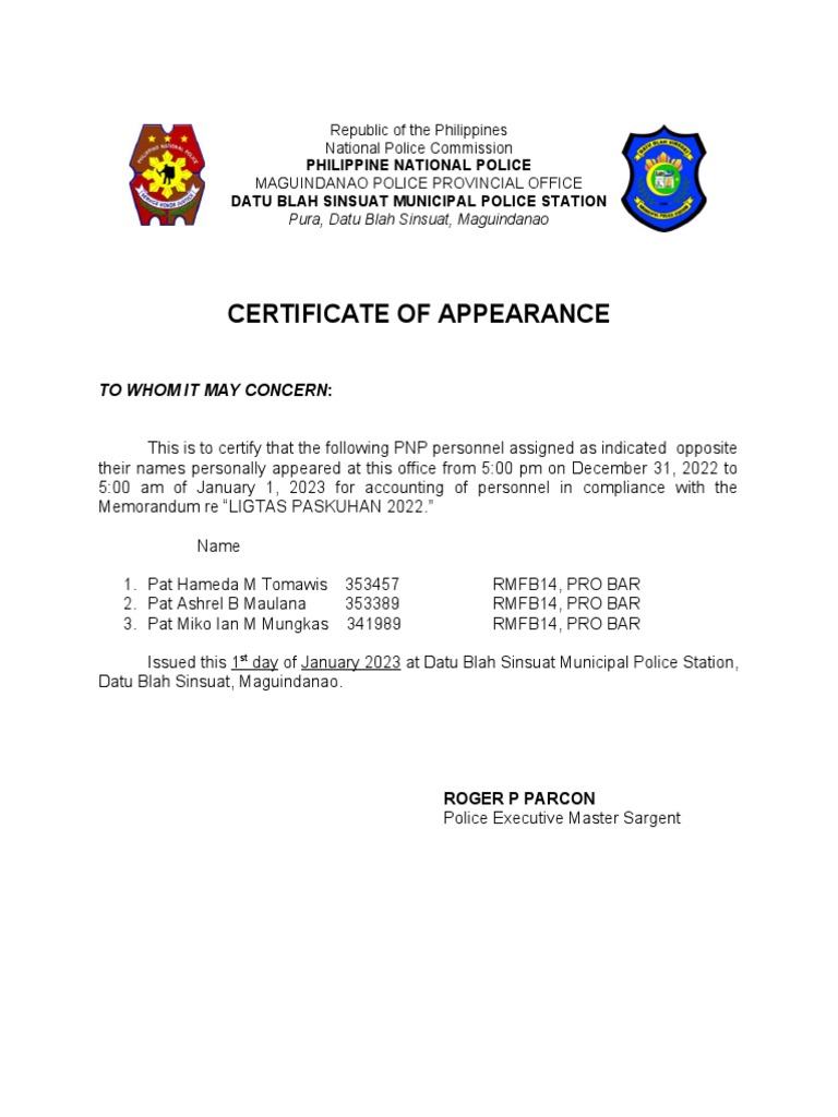 Certificate of Appearance 2023 | PDF