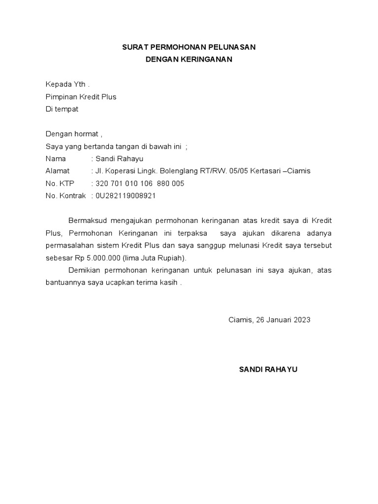 Surat Permohonan Pelunasan | PDF