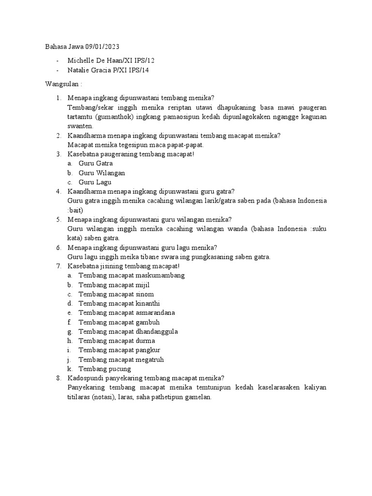 Bahasa Jawa Tugas Tembang Macapat | PDF