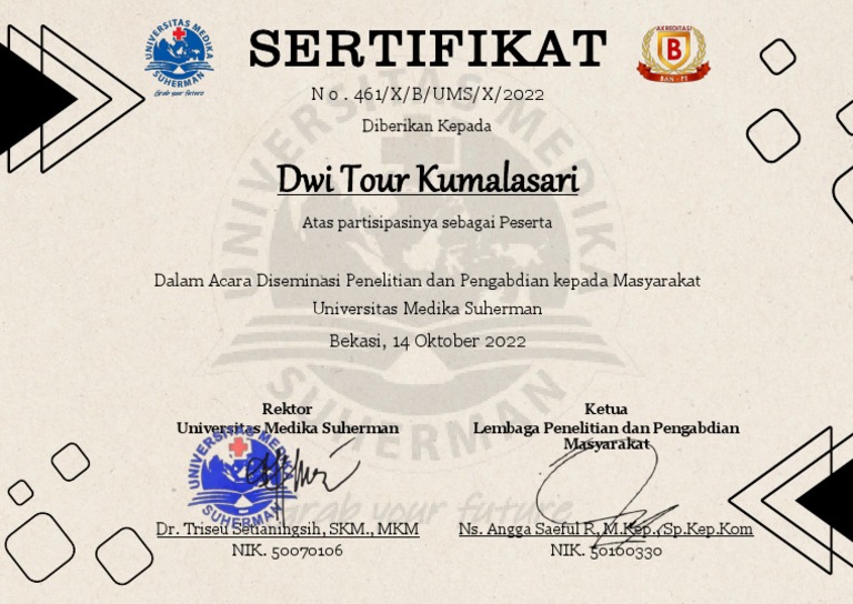 Sertifikat Diseminasi Penelitian Dan PKM - Universitas Medika Suherman (Peserta) - Dwi Tour ...