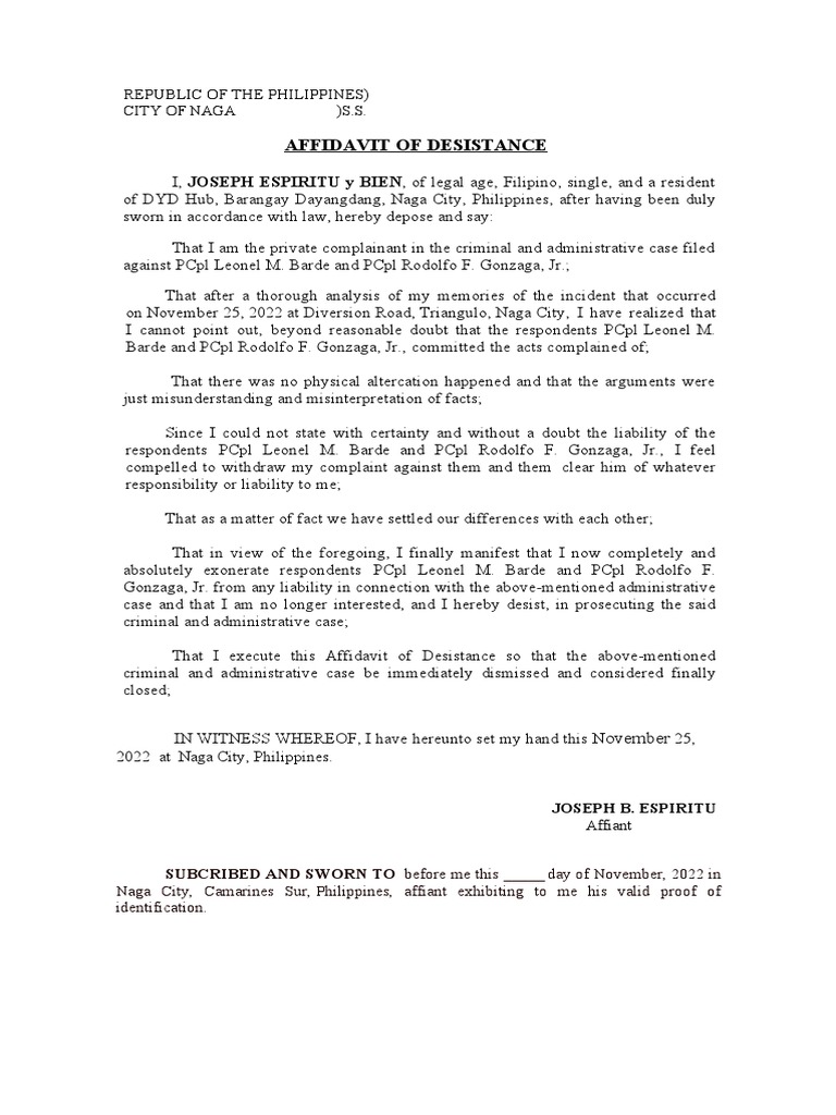 Affidavit of Desistance in Naga City | PDF