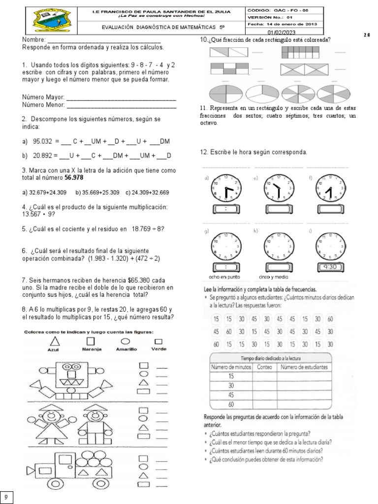 Prueba Diagnostico Matematica 5to | PDF
