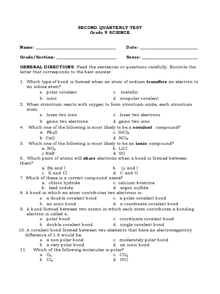2nd Quarterly Test in g9 Science | PDF | Chemical Bond | Chemical Polarity