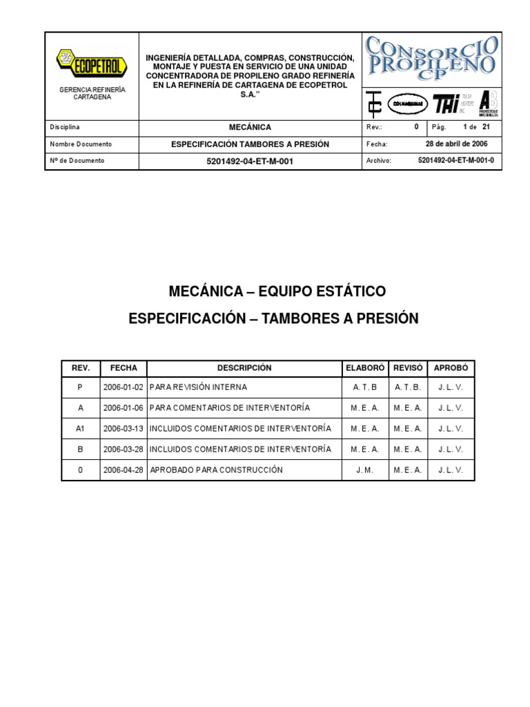 Mecánica - Equipo Estático Especificación - Tambores A Presión | PDF | Refinería de petróleo ...