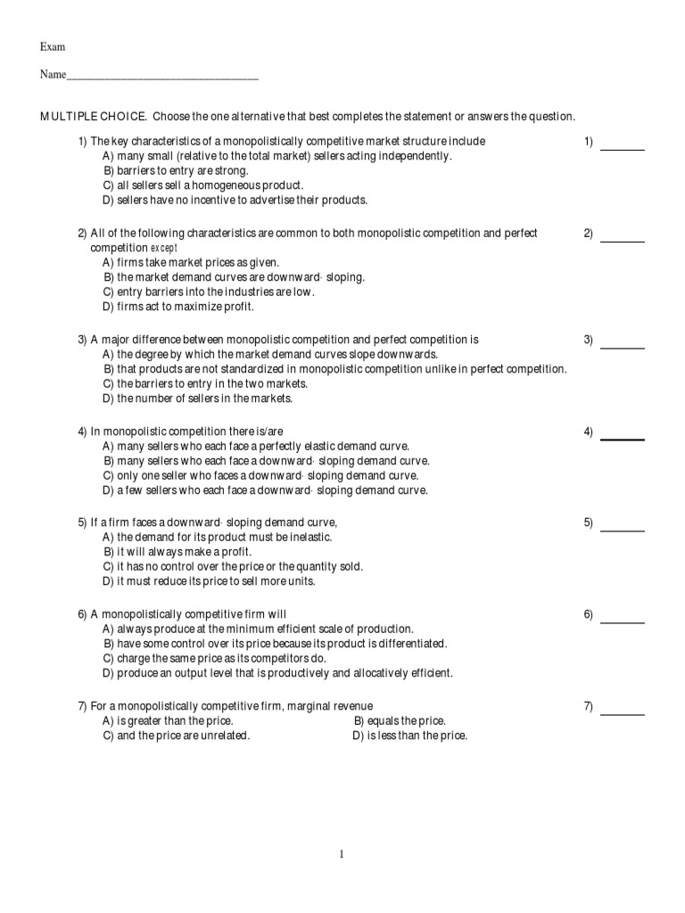Monopolistic Competition Exam Questions | PDF | Profit (Economics ...