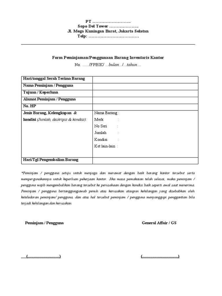Form Peminjaman, Penggunaan Barang Kantor | PDF