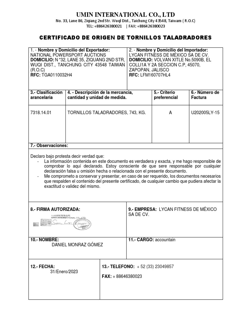 Certificado de Origen | PDF