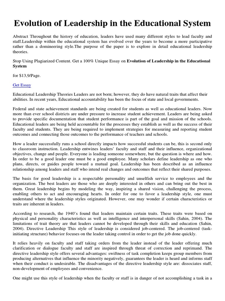 Evolution of Leadership in The Educational System | PDF | Leadership ...