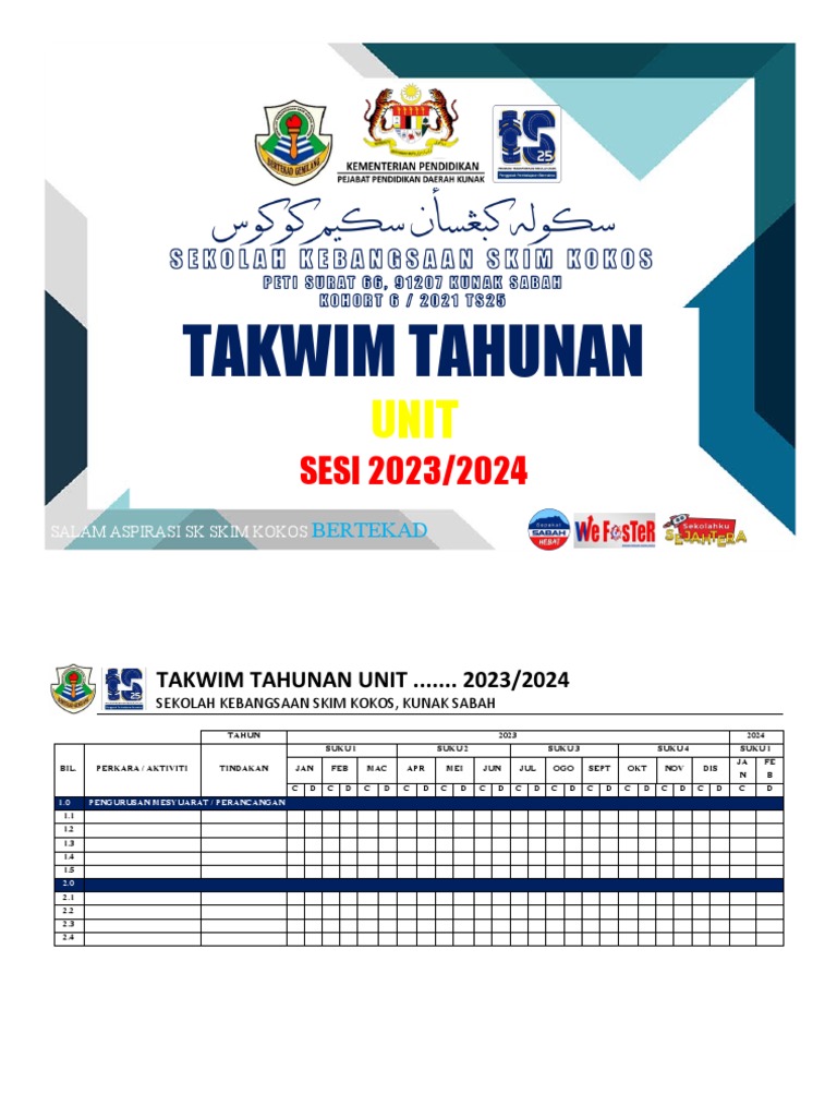 Tapak Takwim Tahunan Unit Sesi 2023-2024 | PDF