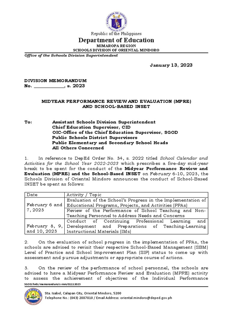 Memo INSET - 2023 FINAL | PDF | Educational Assessment | Learning