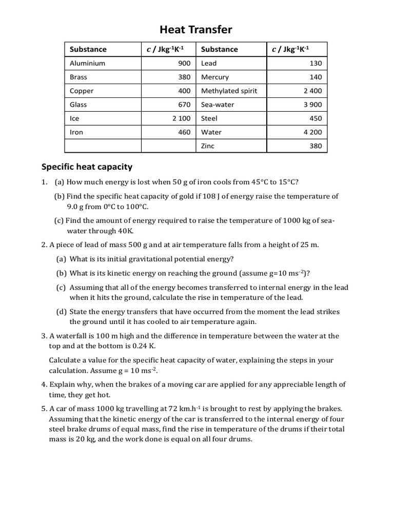 Heat Transfer Worksheet | PDF | Heat | Latent Heat