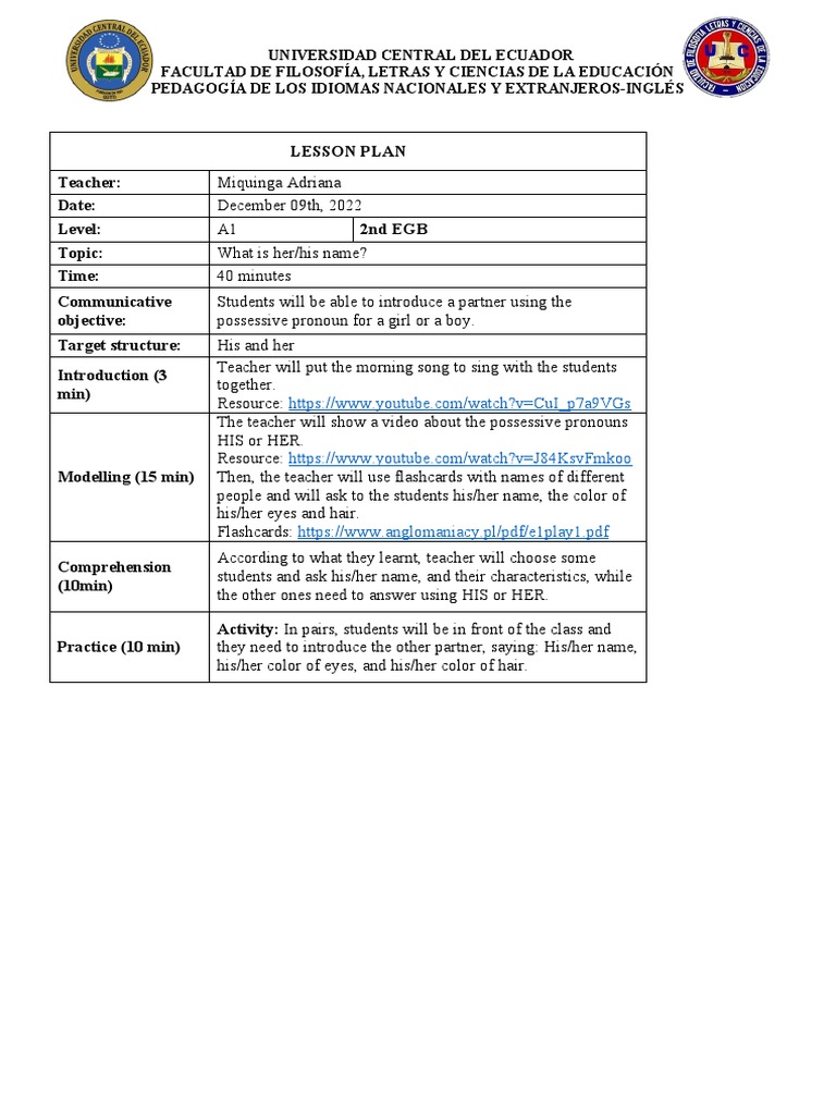 2nd Grade - LESSON PLAN-possessive Pronouns His and Her | PDF | Foreign ...