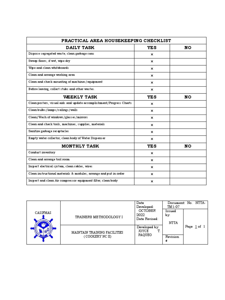 Housekeeping Checklist-Worksheet | PDF | Housekeeping | Equipment