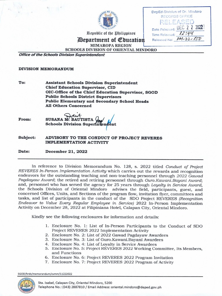Advisory To The Conduct of Project Reveres Implementation Activity | PDF