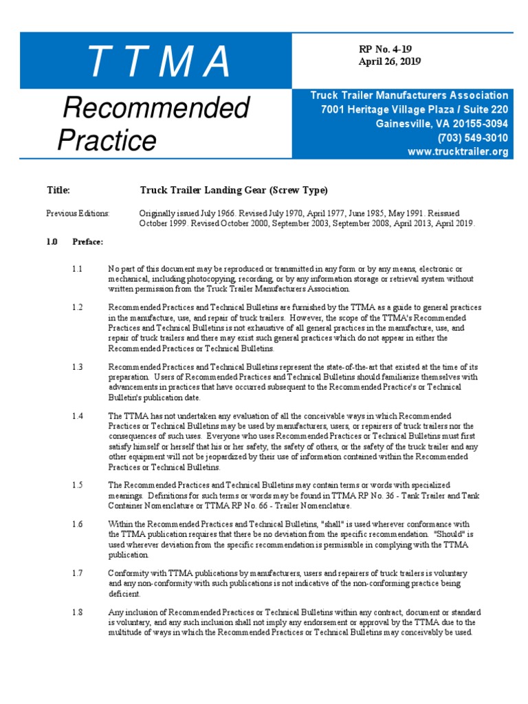 RP 4-19 Truck Trailer Landing Gear (TTMA) | PDF | Gear | Landing Gear