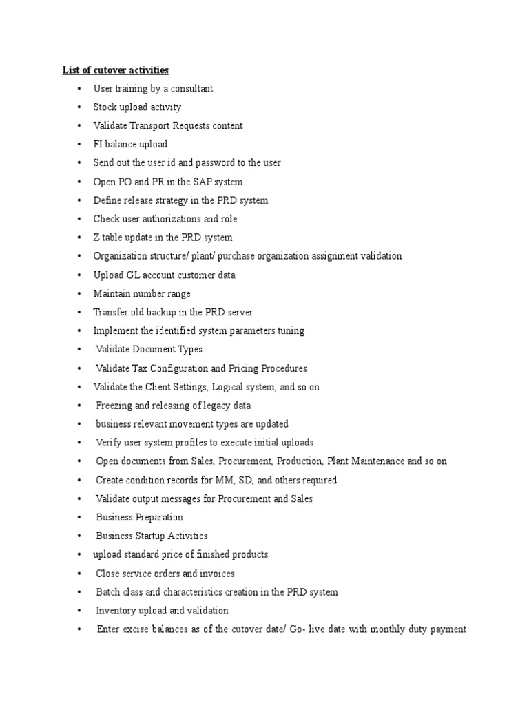 Cut Over Activities | PDF | Business | Finance & Money Management