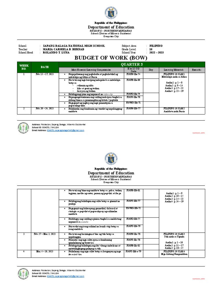 Q3 Filipino10 BOW | PDF